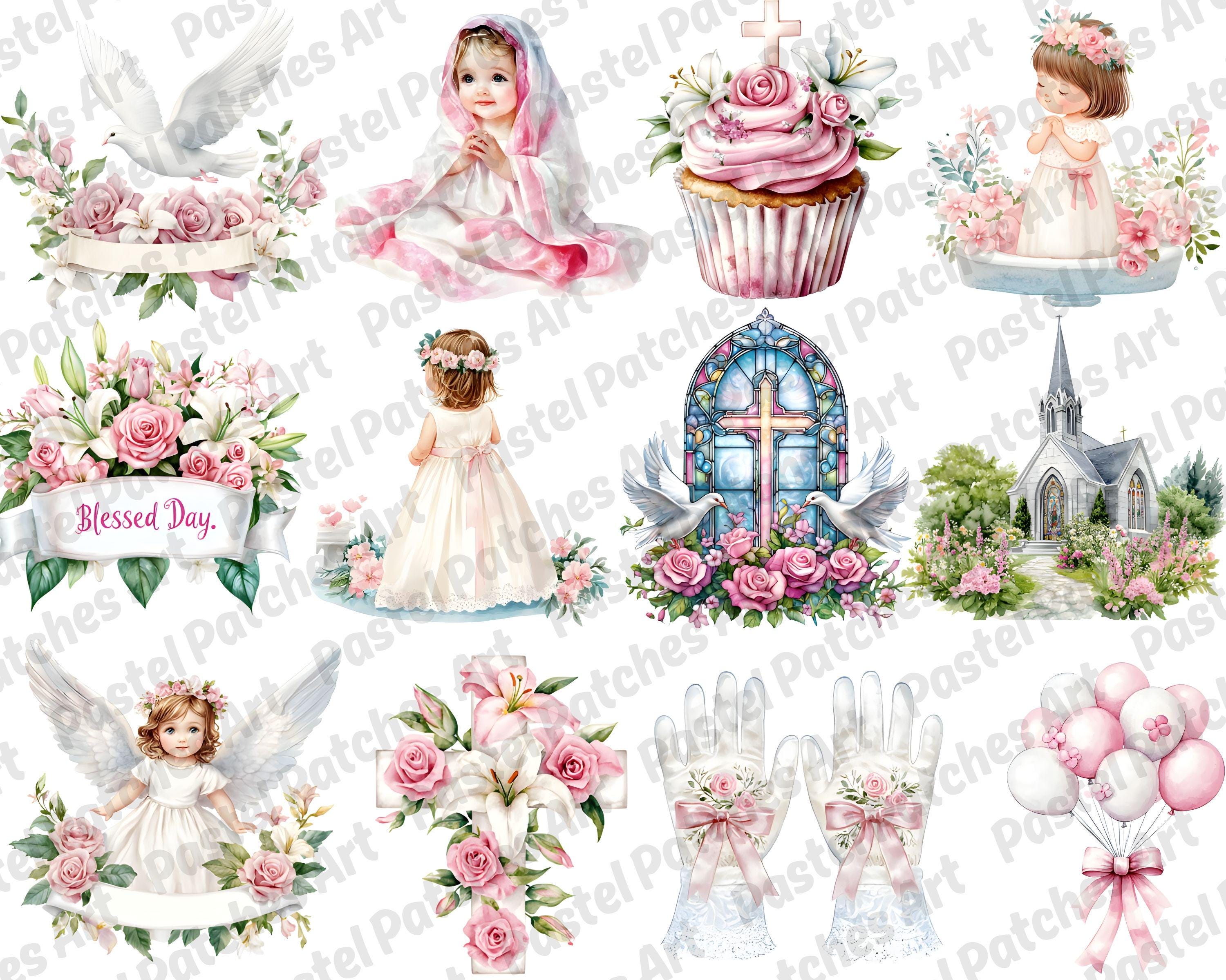 Watercolor Baby Girl Baptism Clipart Bundle, Pink Baptism Christening ...