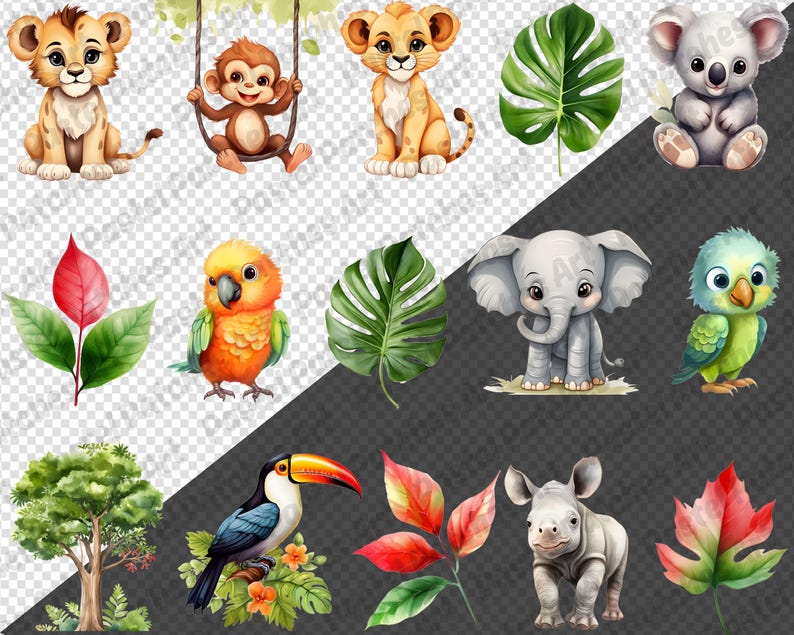 Cute Jungle Animals Clipart, Watercolor Baby Shower, Safari Baby ...