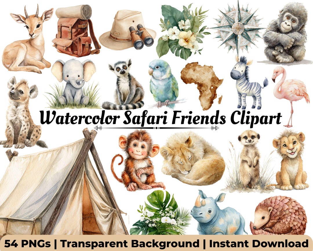 Watercolor Safari Clipart | Cute Jungle Animals PNG Bundle | Baby ...