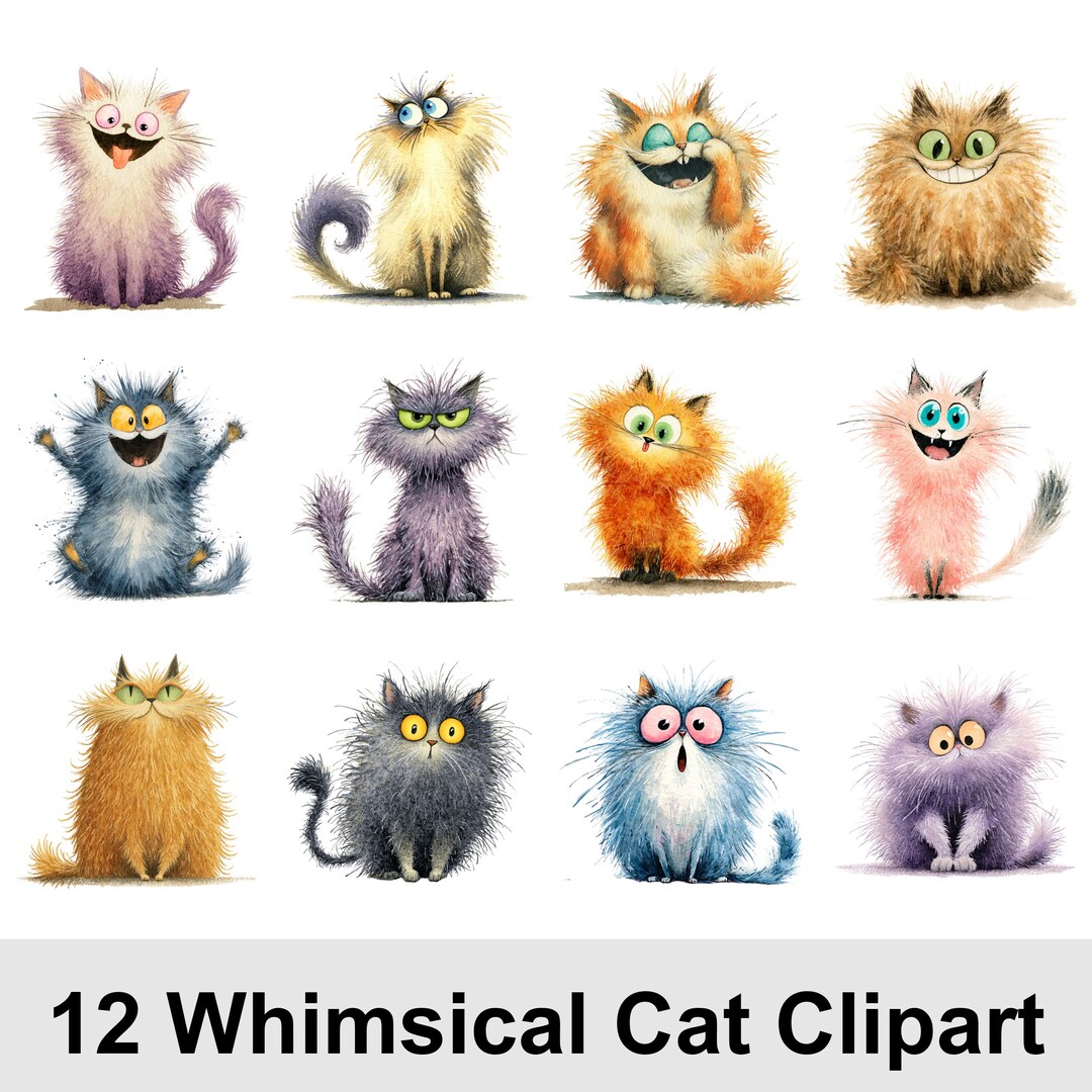 Watercolor Whimsical Cat Clipart Bundle | 12 Cute Cat Illustration PNG ...