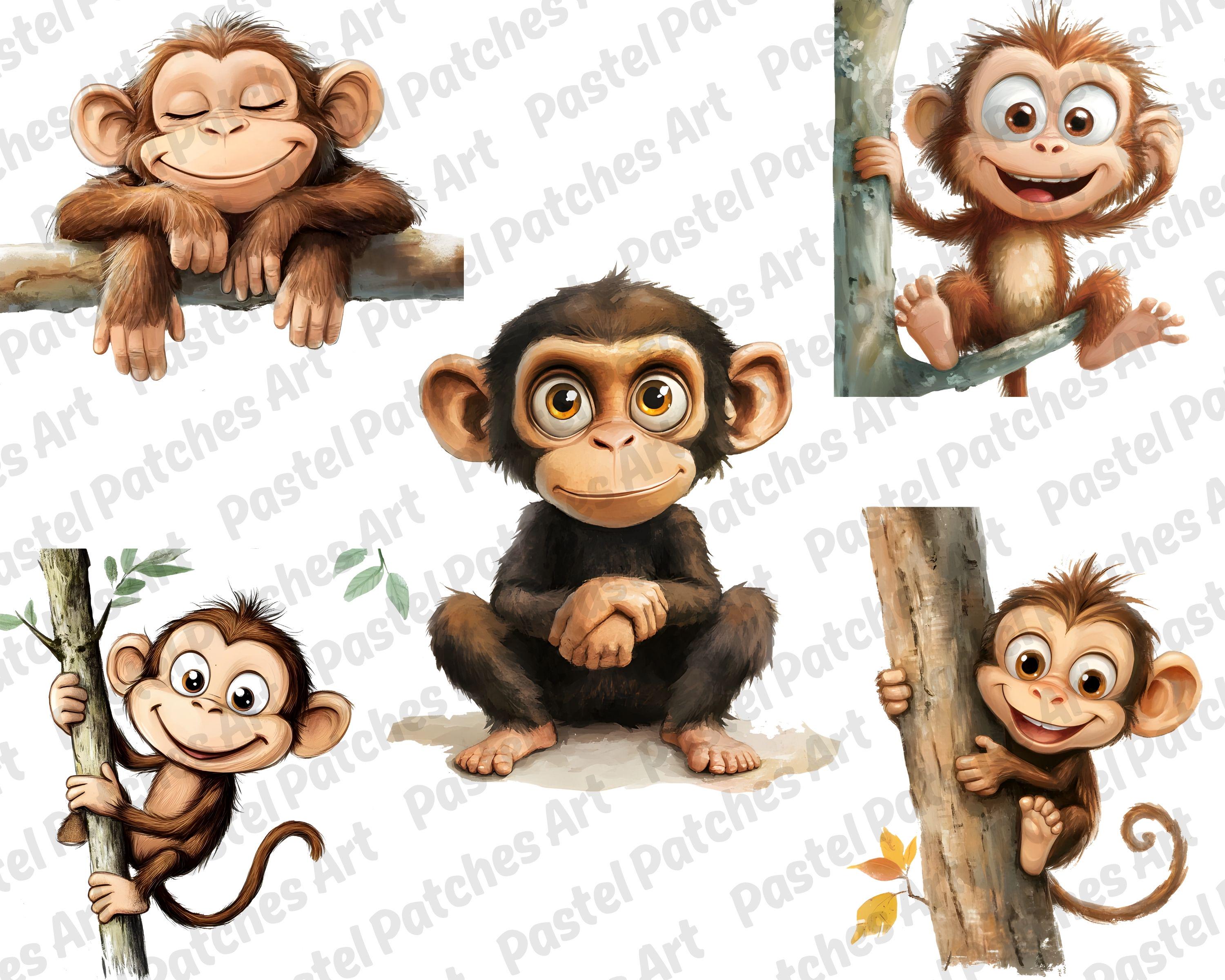 Funny Cheeky Monkeys Clipart Bundle, Cute Jungle Animal PNG, Whimsical ...