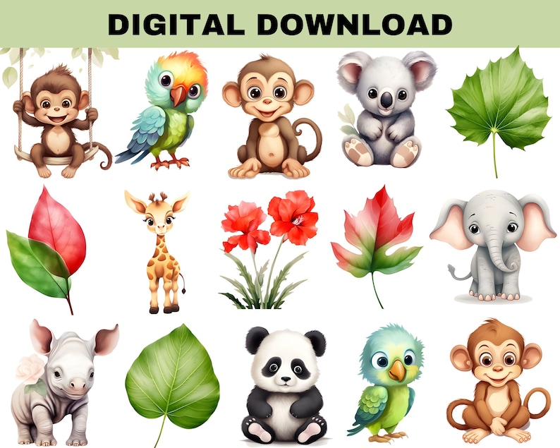 Cute Jungle Animals Clipart, Watercolor Baby Shower, Safari Baby ...