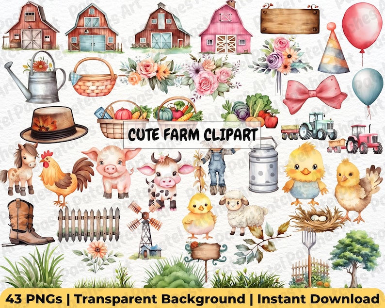 Farm Animals Watercolor Clipart, Cute Farm Life Art, Baby Animal PNG ...