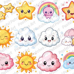 Kawaii Sky Elements Clipart Bundle, Cute Weather PNG Set, Clouds Stars ...