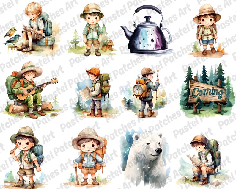 Kids Camping Watercolor Clipart, Summer Holiday, Cute Camper PNG ...