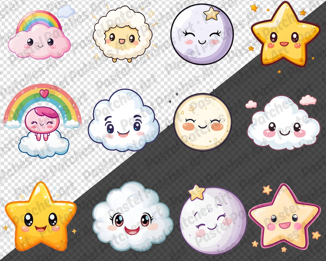 Kawaii Sky Elements Clipart Bundle, Cute Weather PNG Set, Clouds Stars ...