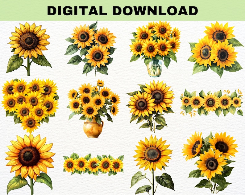 30 PNG Watercolor Sunflowers Clipart Bundle, Sunflower Wreaths, Floral ...