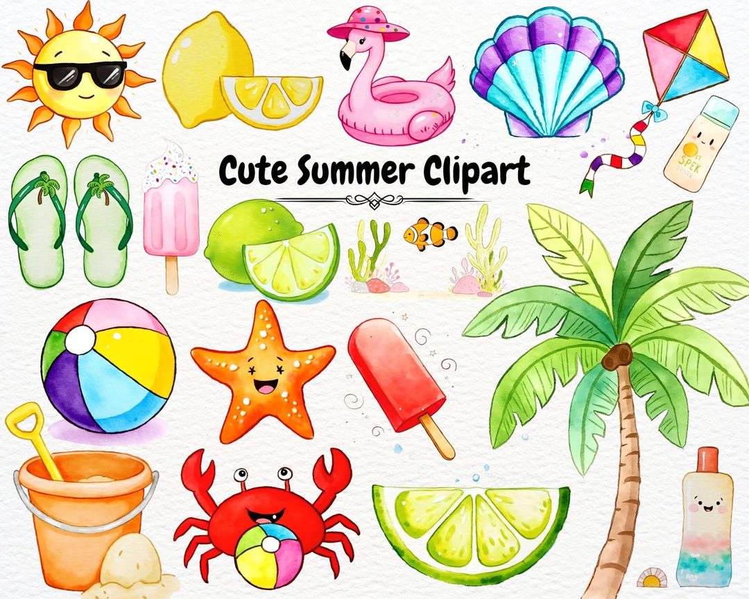Watercolor Summer Beach Clipart, Pool Party Clipart, Ocean Clipart ...
