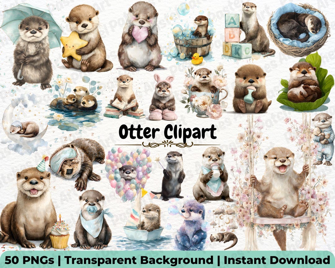 Watercolor Otter Clipart Bundle – 50 Cute Pngs for Nursery Decor ...