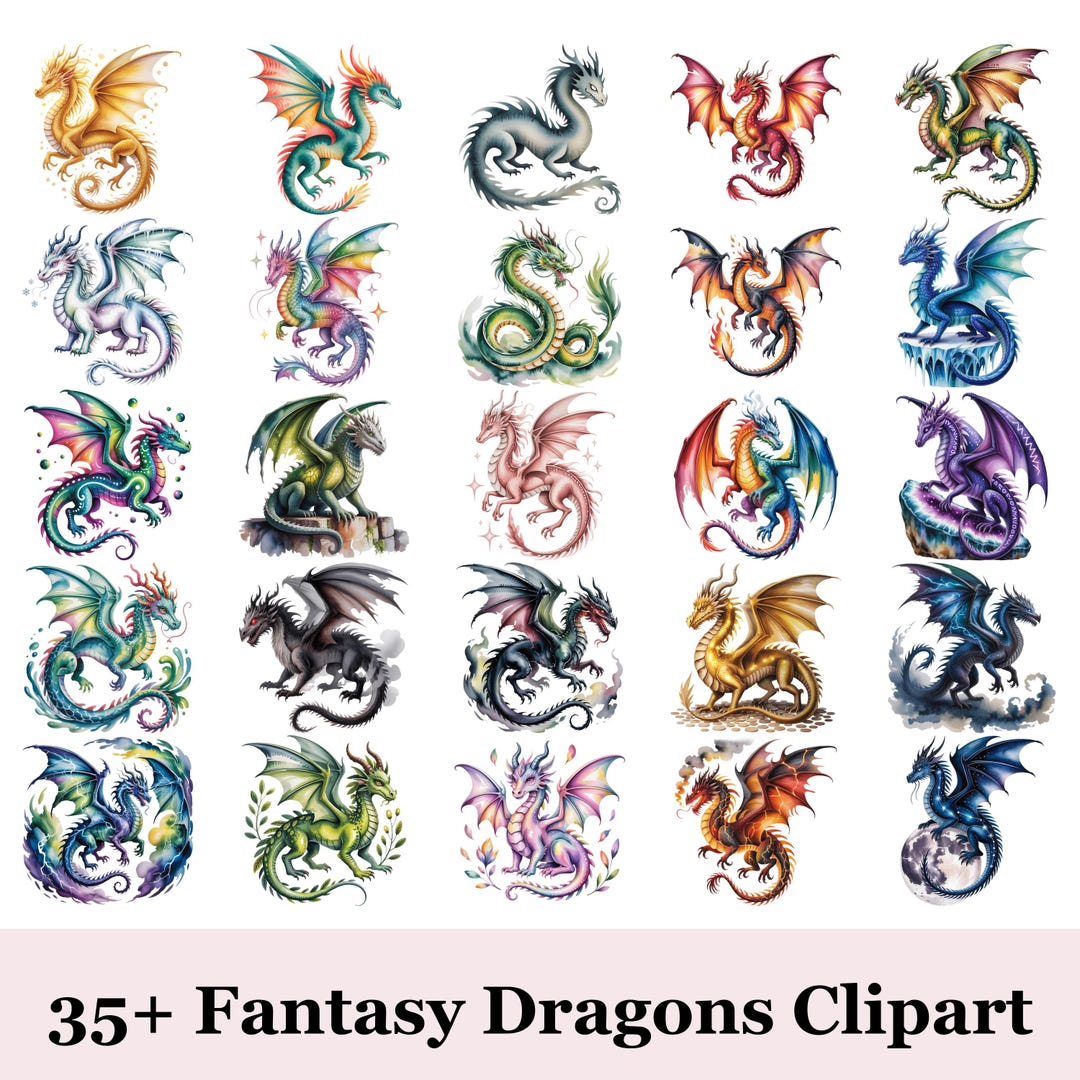 35+ Fantasy Dragons Clipart Bundle • Mythical Dragon PNG • Magical ...