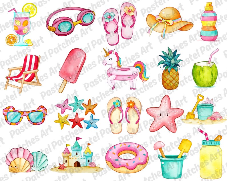 Vibrant Summer Party Clipart | Watercolor Pool & Beach Clip Art Bundle ...