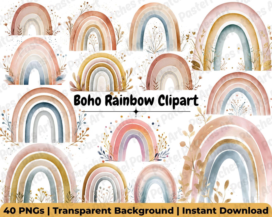 Boho Rainbow Nursery Clipart - Floral Watercolor Clip Art, Pastel Dusty ...