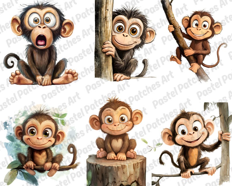Funny Cheeky Monkeys Clipart Bundle, Cute Jungle Animal PNG, Whimsical ...