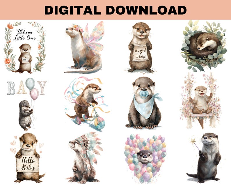 Watercolor Otter Clipart Bundle – 50 Cute Pngs for Nursery Decor ...