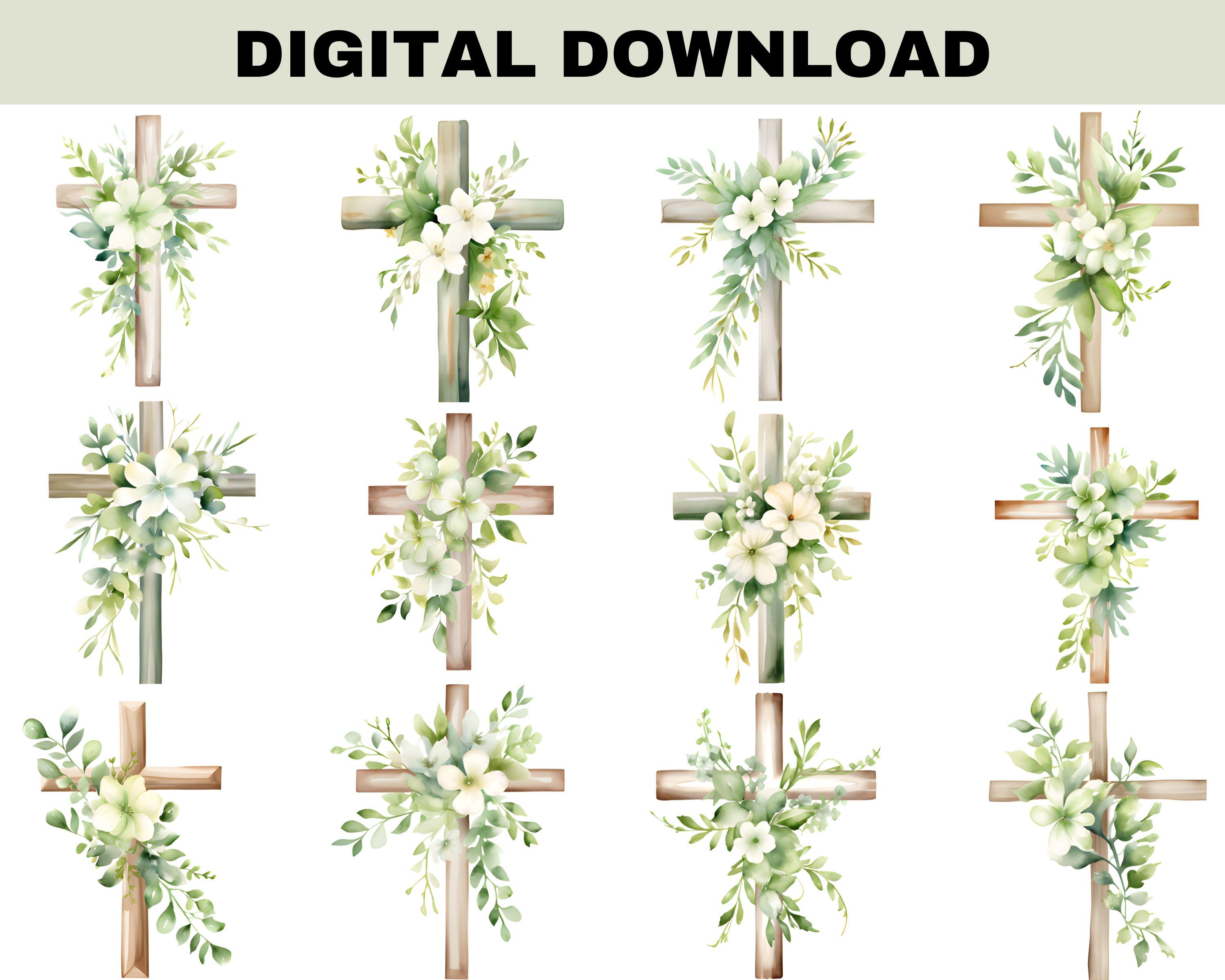 Easter Christian Cross Clipart Set | Watercolor Floral Cross PNG for ...