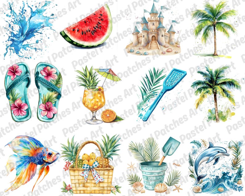 Watercolor Pool Party Clipart for Kids, Summer Beach Fun, Ice Cream ...