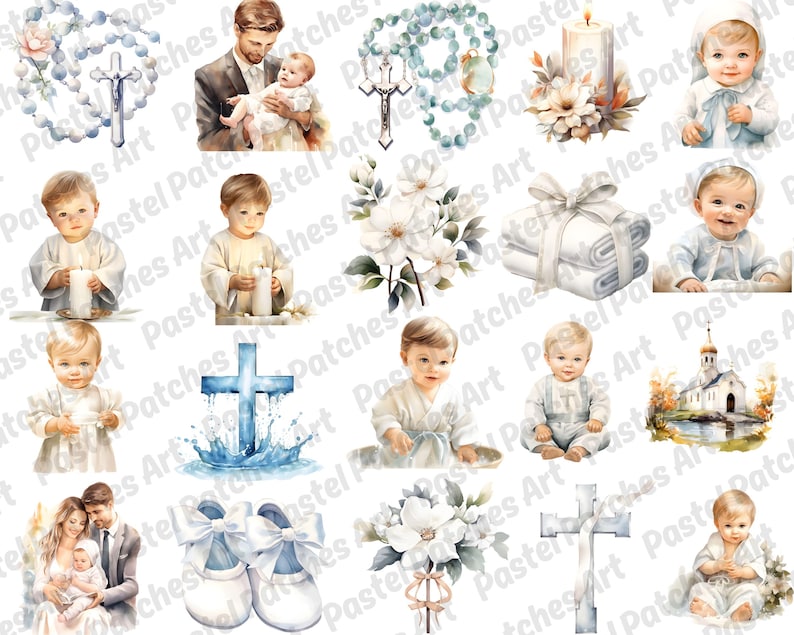 Boy Baptism Clipart, Christian Baptismal Symbols, Blue Watercolor Cross ...