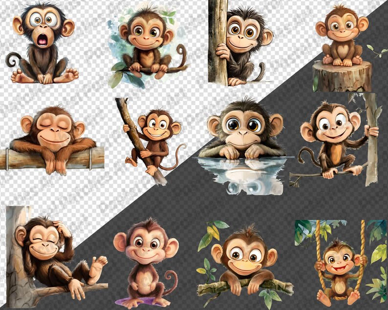Funny Cheeky Monkeys Clipart Bundle, Cute Jungle Animal PNG, Whimsical ...