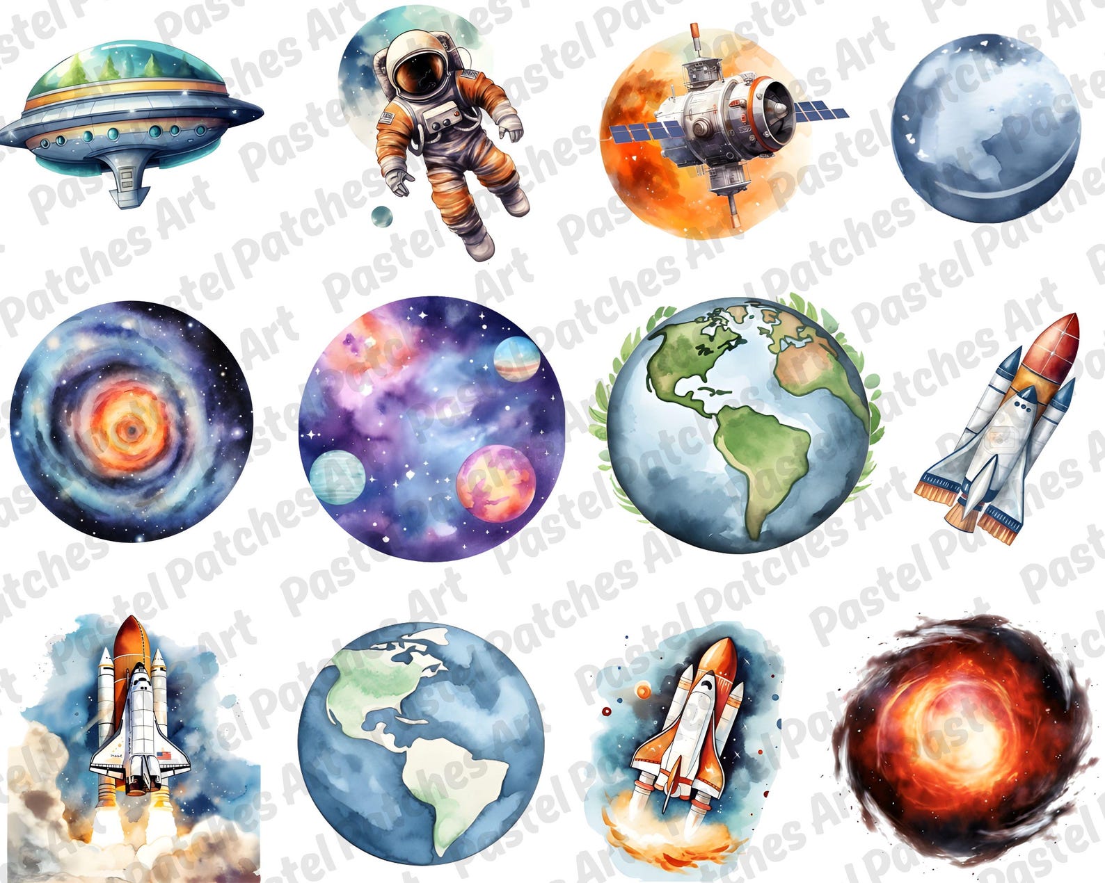 Space Clipart, Watercolor Astronaut With Cute Planets and Rockets ...