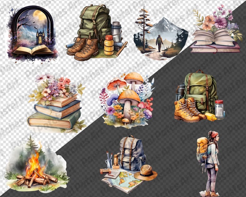 Hiking Clipart, Camping Clipart, Landscape Clipart, Hiker Clipart ...