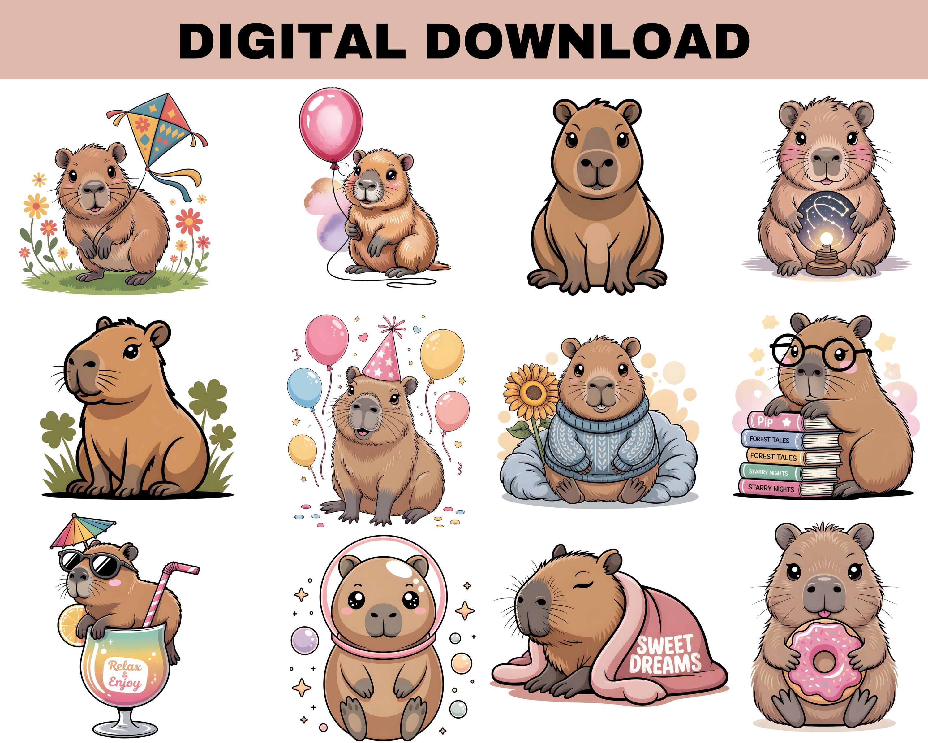 Cute Capybara Clipart PNG Bundle – 40+ Commercial Use Sublimation and ...