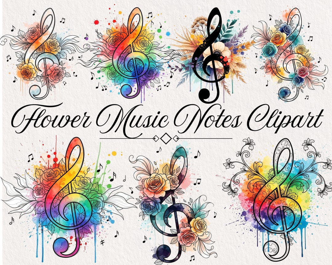 15 Flower Music Notes Clipart PNG | Watercolor Floral Musical Notes Art ...