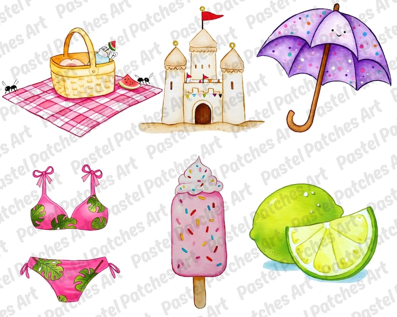 Watercolor Summer Beach Clipart, Pool Party Clipart, Ocean Clipart ...