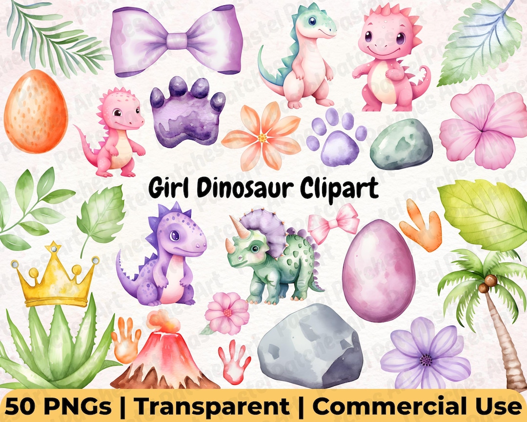 Girl Dinosaur Clipart I Watercolor Dinosaur Clipart I Girl Baby ...