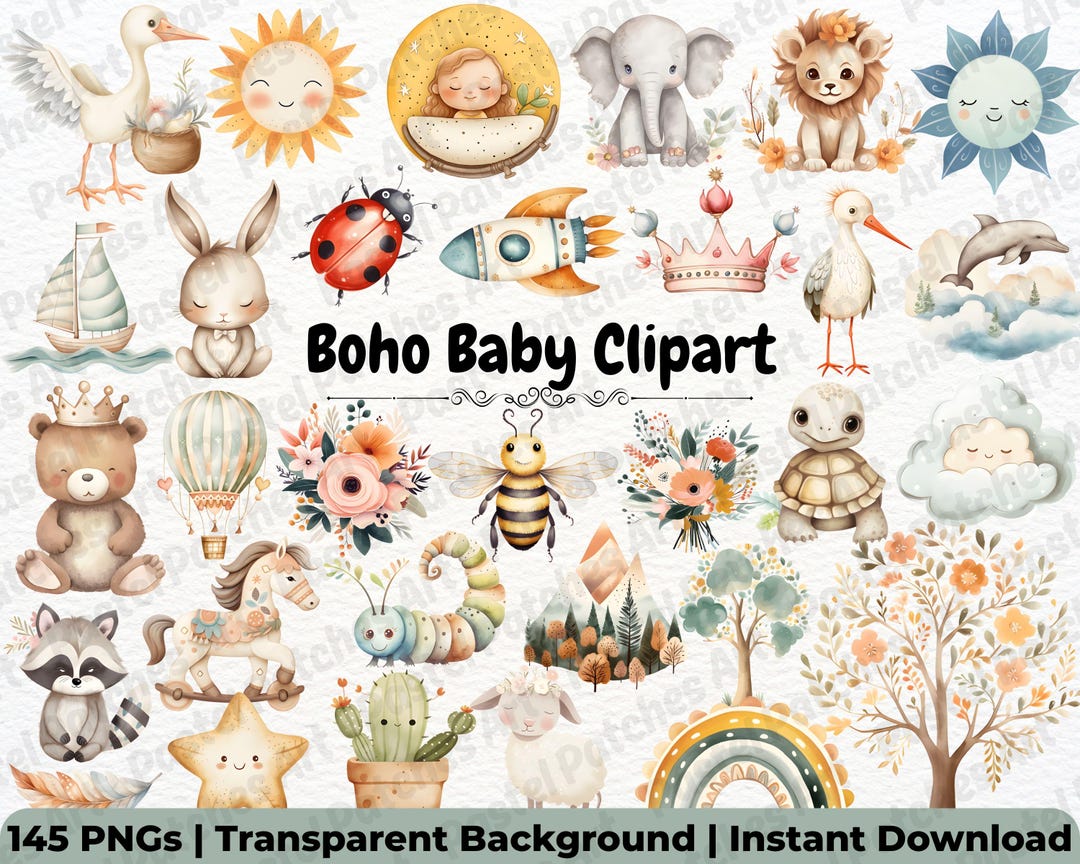 Boho Baby Clipart, Baby Shower Clipart, Boho Nursery Clipart, Boho ...