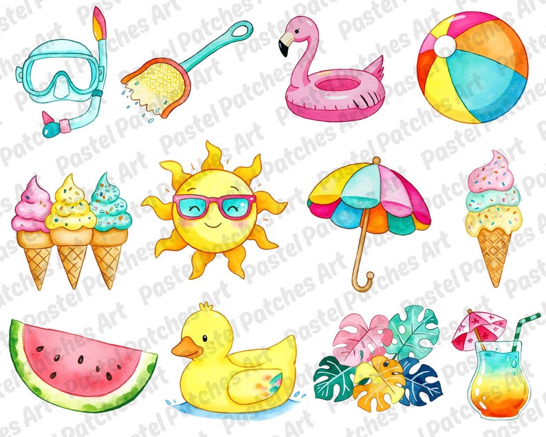 Vibrant Summer Party Clipart | Watercolor Pool & Beach Clip Art Bundle ...