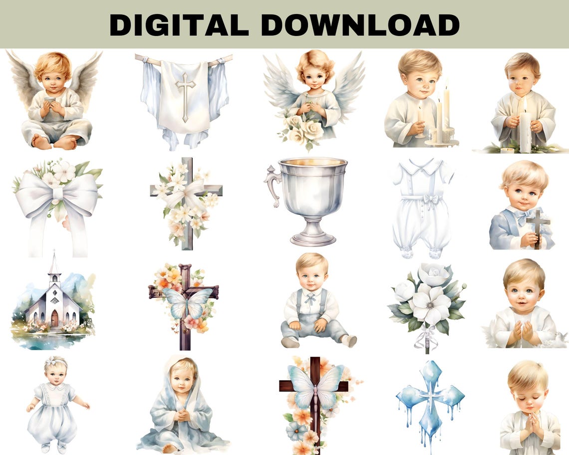 Boy Baptism Clipart, Christian Baptismal Symbols, Blue Watercolor Cross ...