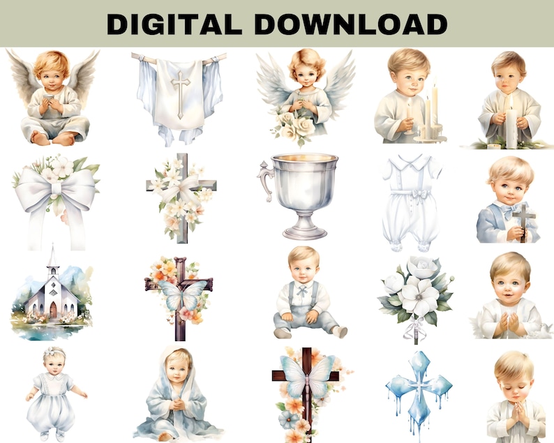 Boy Baptism Clipart, Christian Baptismal Symbols, Blue Watercolor Cross ...