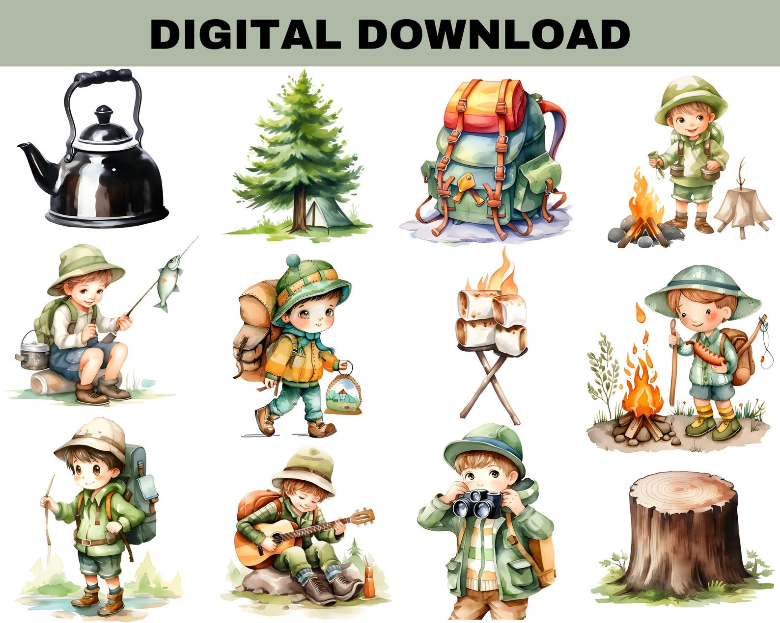 Kids Camping Watercolor Clipart, Summer Holiday, Cute Camper PNG ...