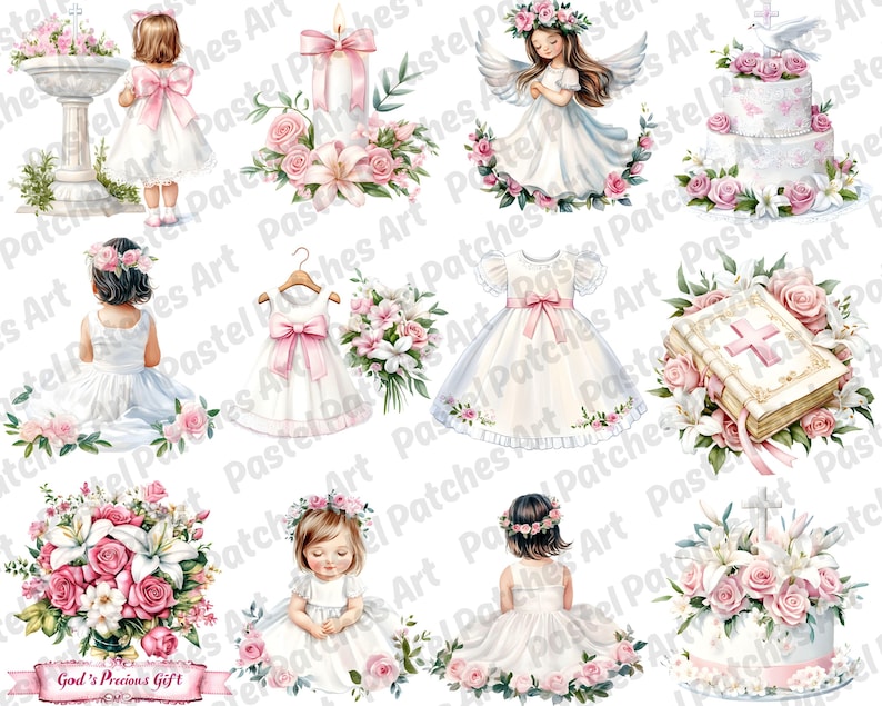 Watercolor Baby Girl Baptism Clipart Bundle, Pink Baptism Christening ...
