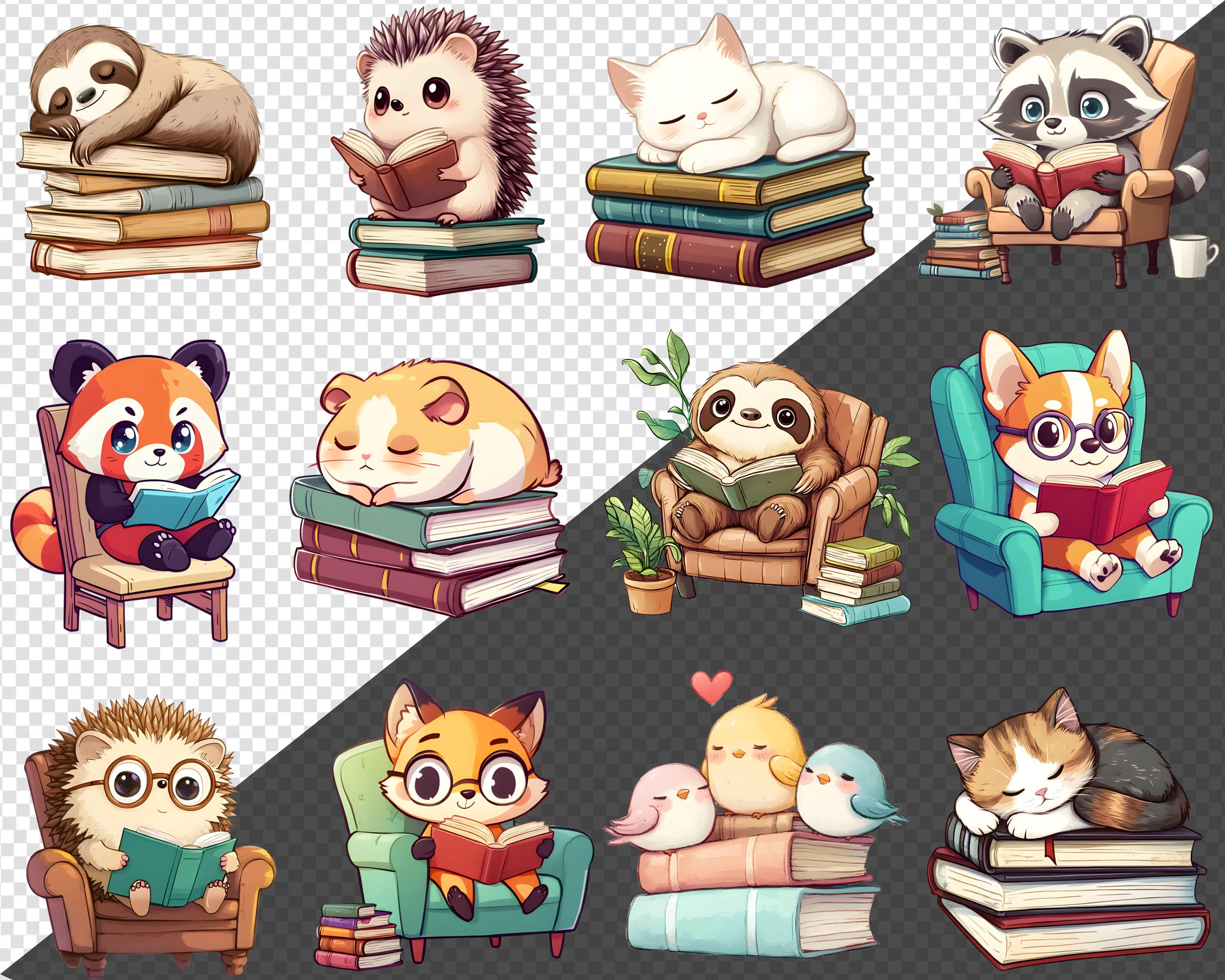 Kawaii Animal Reading Books Clipart, Reading Clipart, Cute Book Lover ...