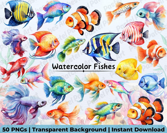 10 Watercolor Fish Clipart Set | Watercolor Cute Sea Animals ...