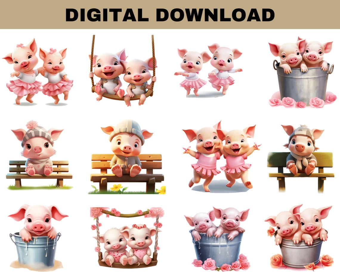 Cute Baby Pig Clipart, Funny Pig Clipart, Piglet Clipart, Happy Pig ...