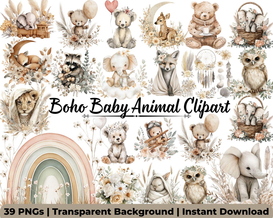 Boho Baby Animal Clipart Bundle, Watercolor Nursery Clipart, Cute Boho ...