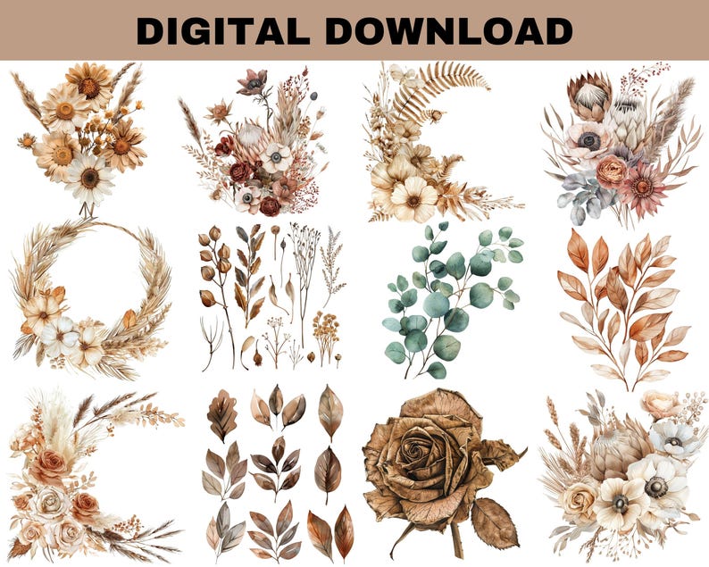 55 Boho Flowers Clipart Bundle | Watercolor Dried Flowers & Peonies PNG ...