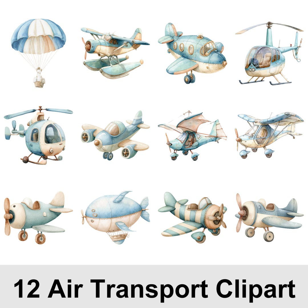 Air Transport Watercolor Clipart Bundle | 12 Airplane & Helicopter PNG ...
