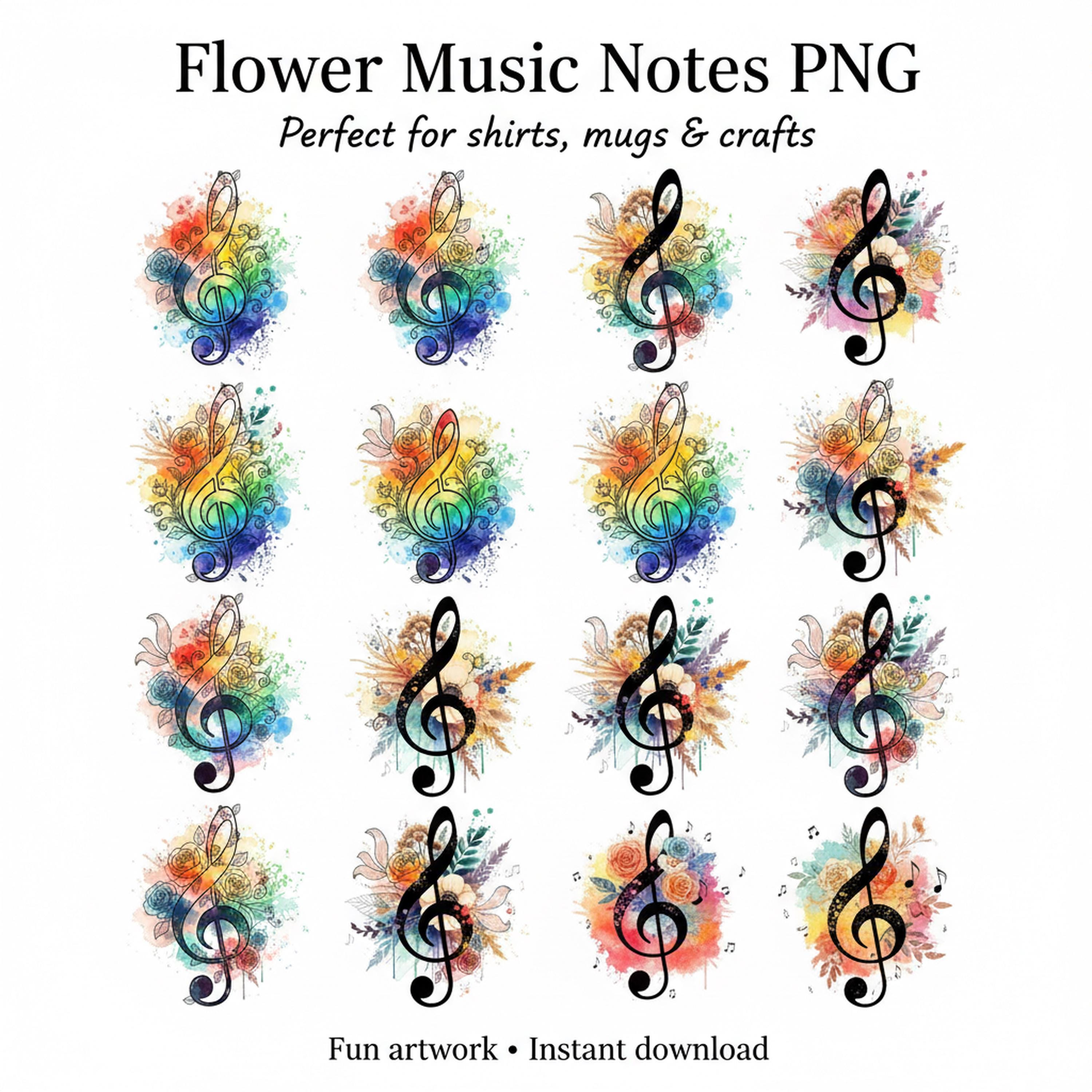 15 Flower Music Notes Clipart PNG | Watercolor Floral Musical Notes Art ...
