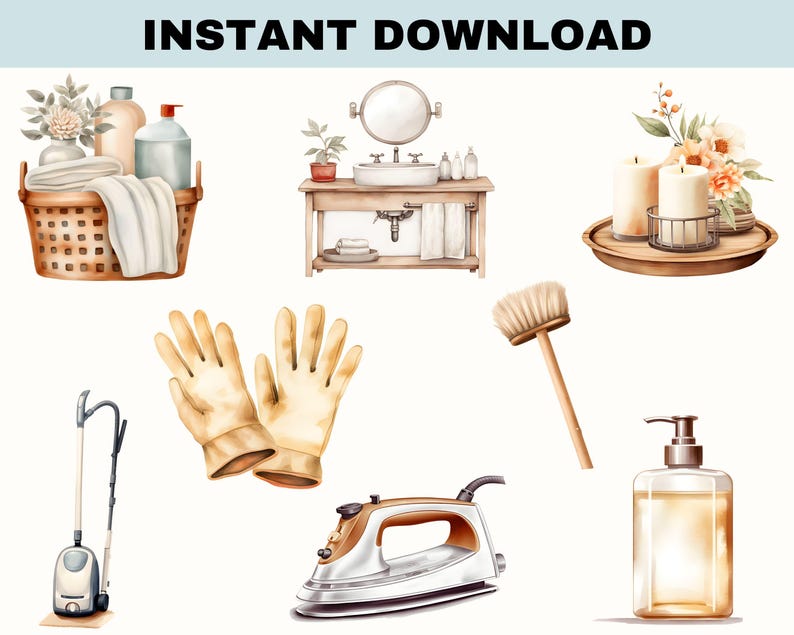 Housekeeping Clipart, Watercolor Cleaning Supplies, Cleaning Service ...