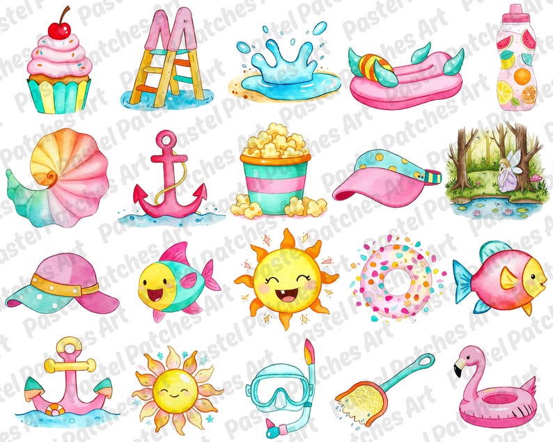 Vibrant Summer Party Clipart | Watercolor Pool & Beach Clip Art Bundle ...