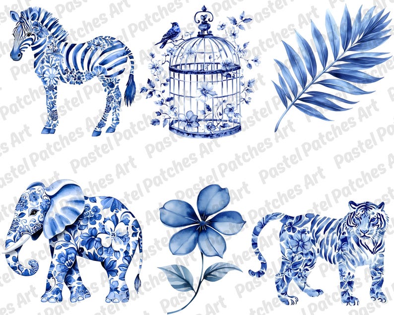 Blue Safari Toile Clipart, Chinoiserie Watercolor Jungle Animals, Blue ...