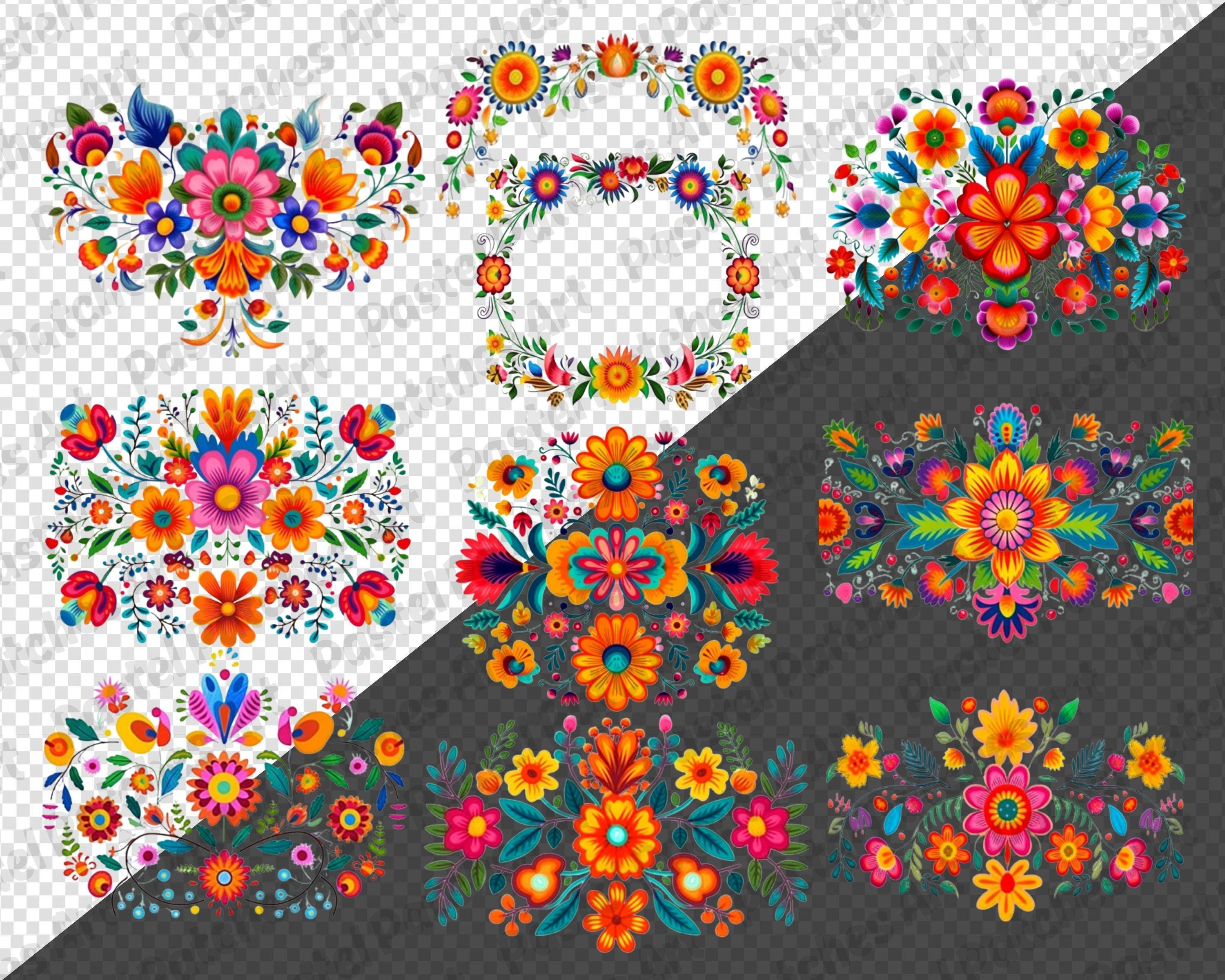 Mexican Fiesta Flowers Clipart Vibrant Watercolor Otomi Floral