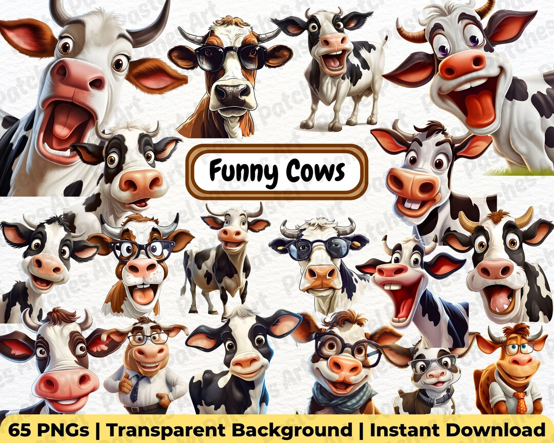 Funny Cows PNG Bundle, Cool Cow Clip Art, Funny Cow Clipart, Emotional ...
