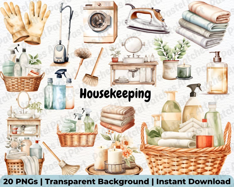 Housekeeping Clipart, Watercolor Cleaning Supplies, Cleaning Service ...