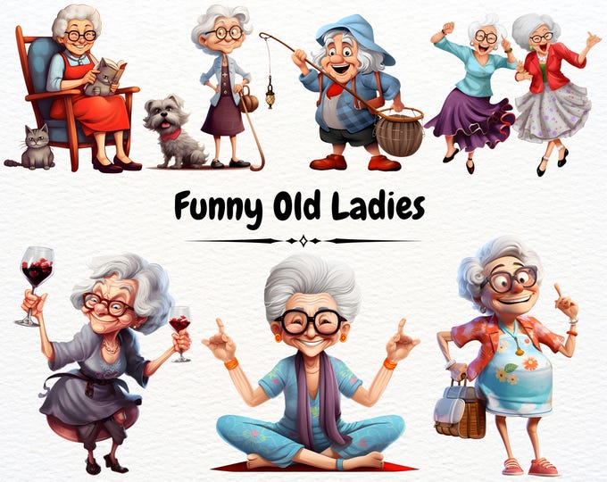 Funny Old Ladies Clipart PNG, Woman Fisherman, Cute Cartoon Drunk ...