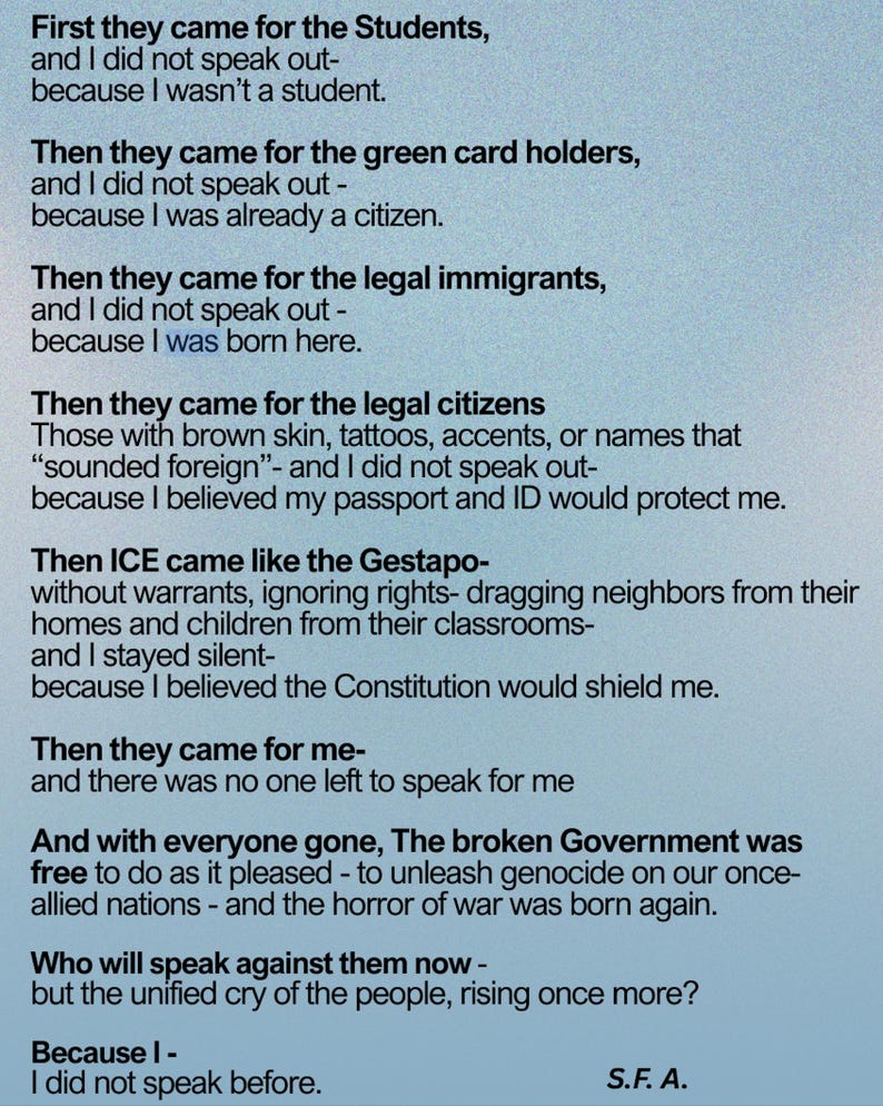 First They Came for the Students and I Did Not Speak Anti Fascist Poem ...