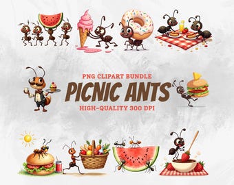 Watercolor Picnic Ants Clipart Bundle: Summer Insect PNG Graphics ...